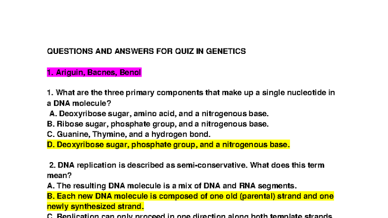 Genetics-QUIZ: Key Questions and Answers for Review - Studocu