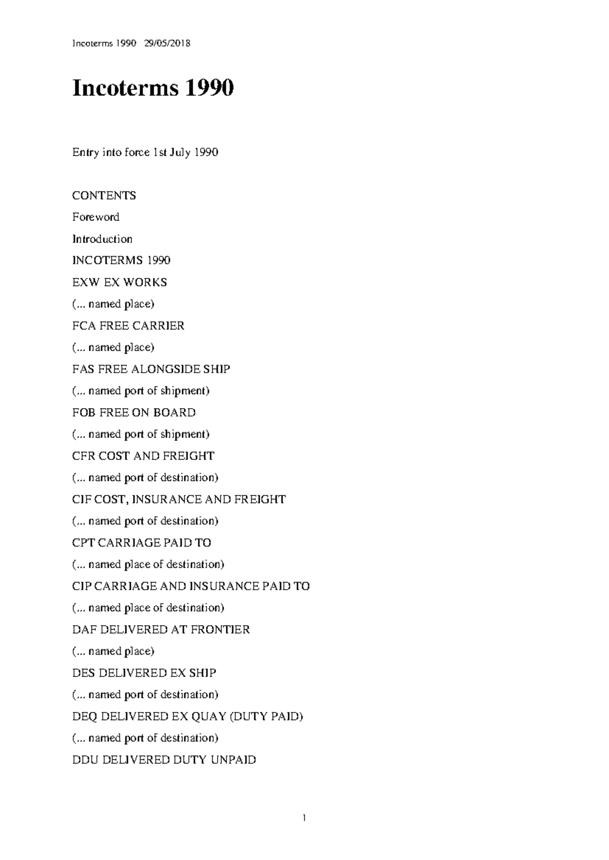 Incoterms 1990 Overview and Key Definitions for Trade - Studocu