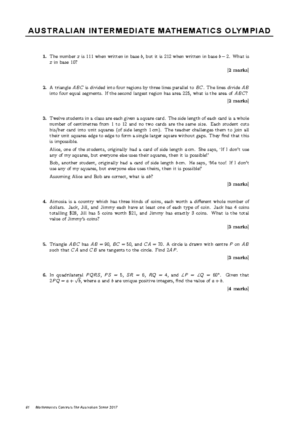 2017 AIMO - Australian Intermediate Mathematics Olympiad Past Paper ...