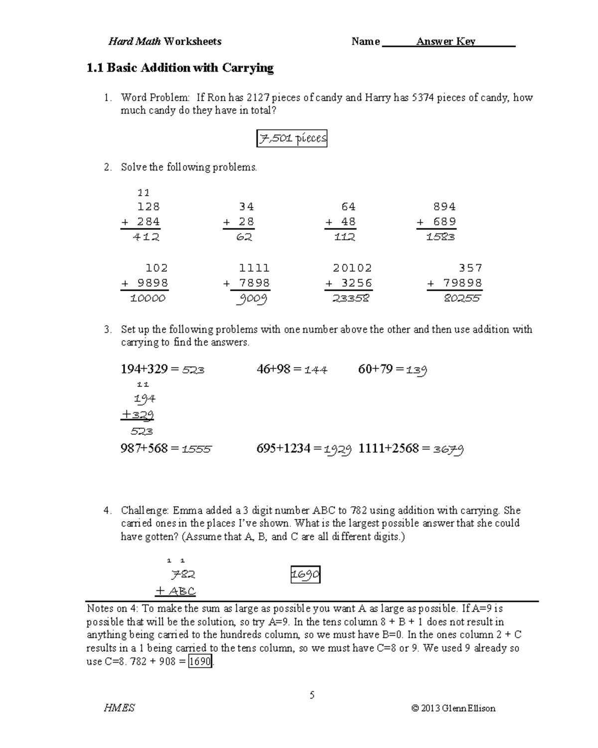 Hard Math Worksheets: Addition & Subtraction Practice (HMES 2013) - Studocu