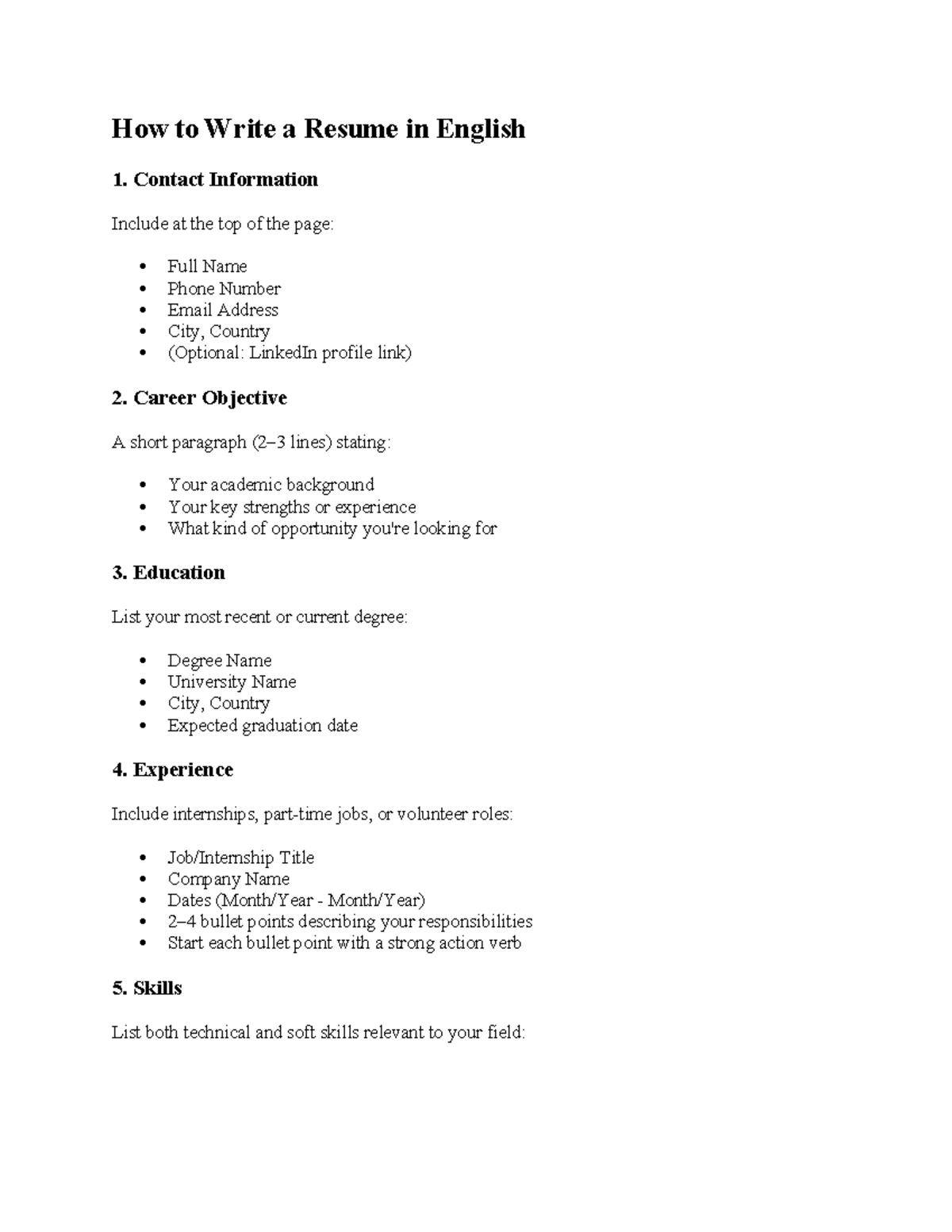 How to Write a Resume: Essential Tips for English 1 Students - Studocu
