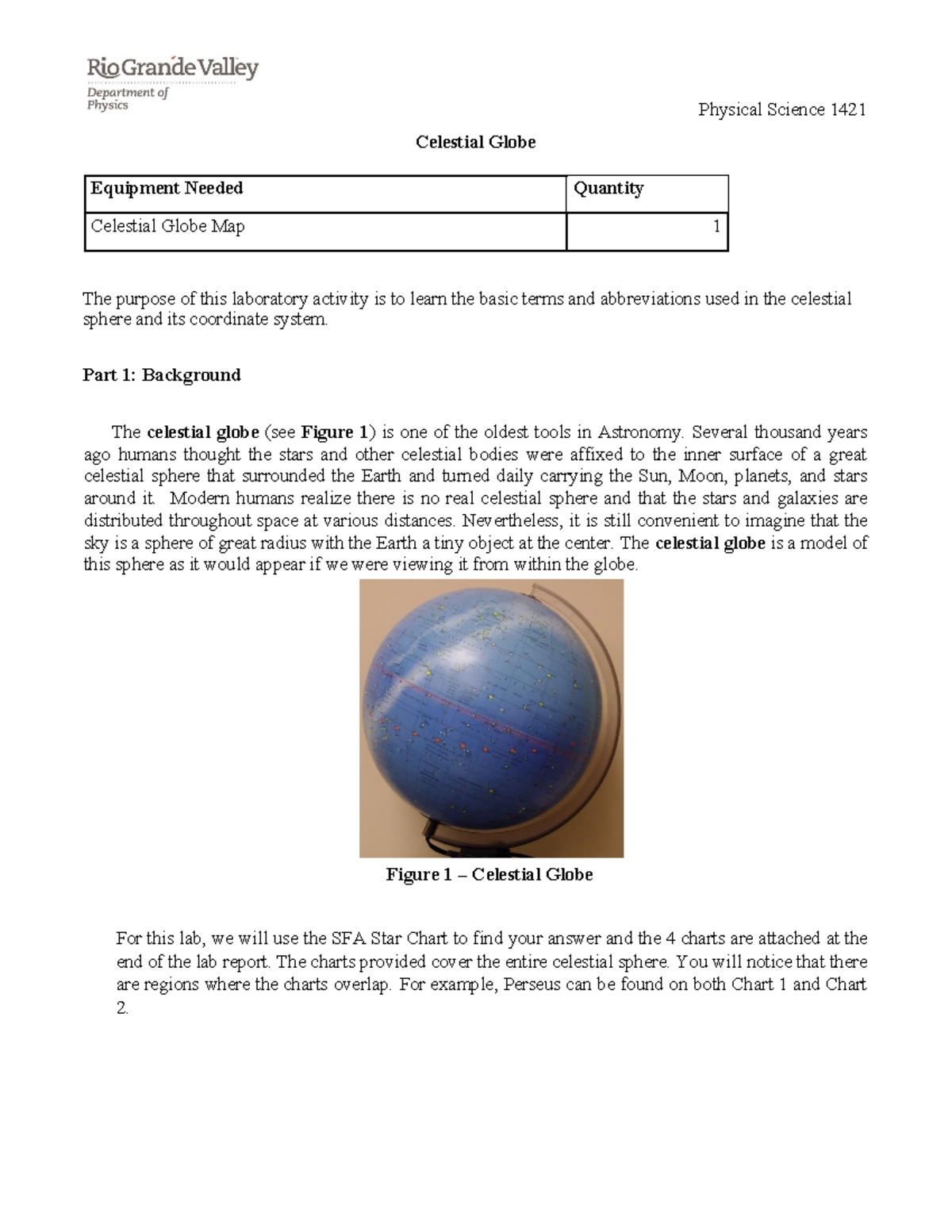 Physical Science 1421 Lab Report: Exploring the Celestial Globe - Studocu