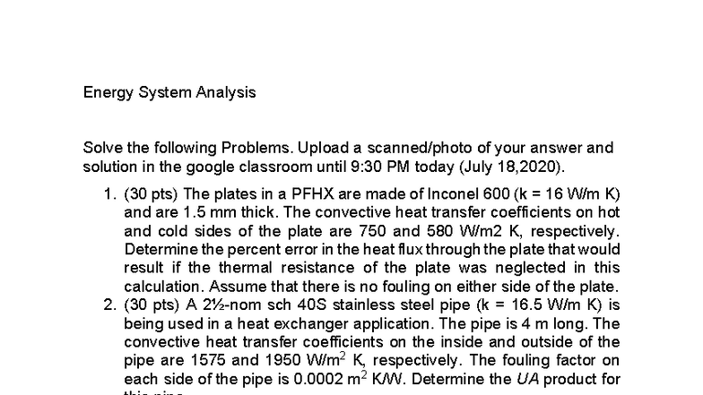 Quiz 2 - Practice on Energy System Analysis Problems - Studocu
