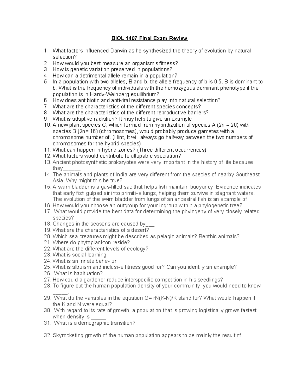 BIOL 1407 Final Exam Review: Key Concepts & Questions Explained - Studocu