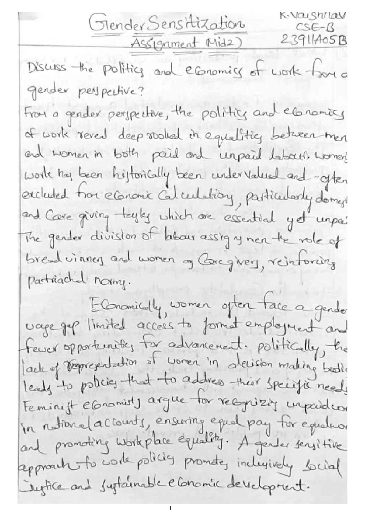 Gender Sensitization Assignment (Mid2) 23911A05B: Politics & Economics ...
