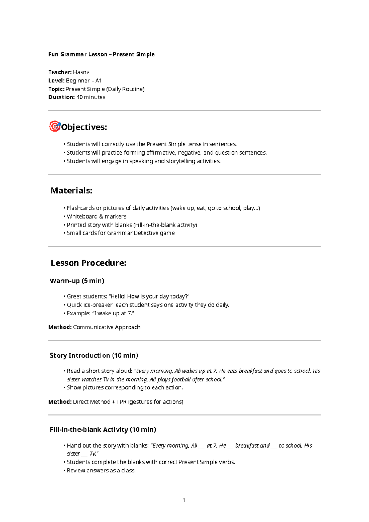 Present Simple Fun Lesson A1 - Beginner Level Activities - Studocu