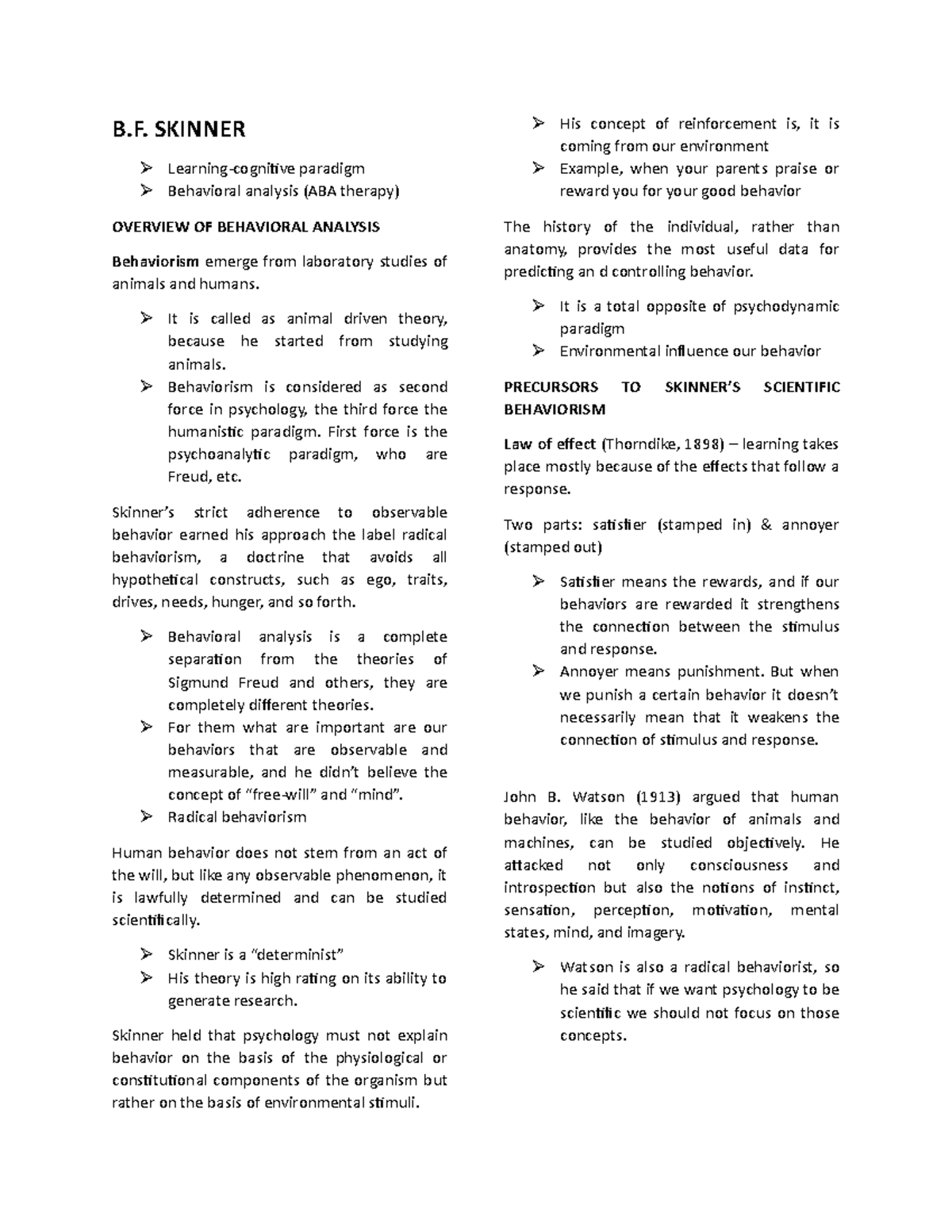 BF- Skinner's Behavioral Analysis: Key Concepts and Theories - Studocu