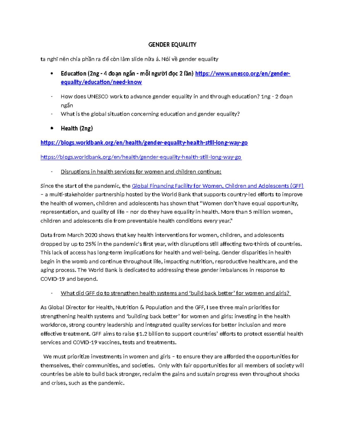 Gender Equality Insights: Education & Health Perspectives - Studocu