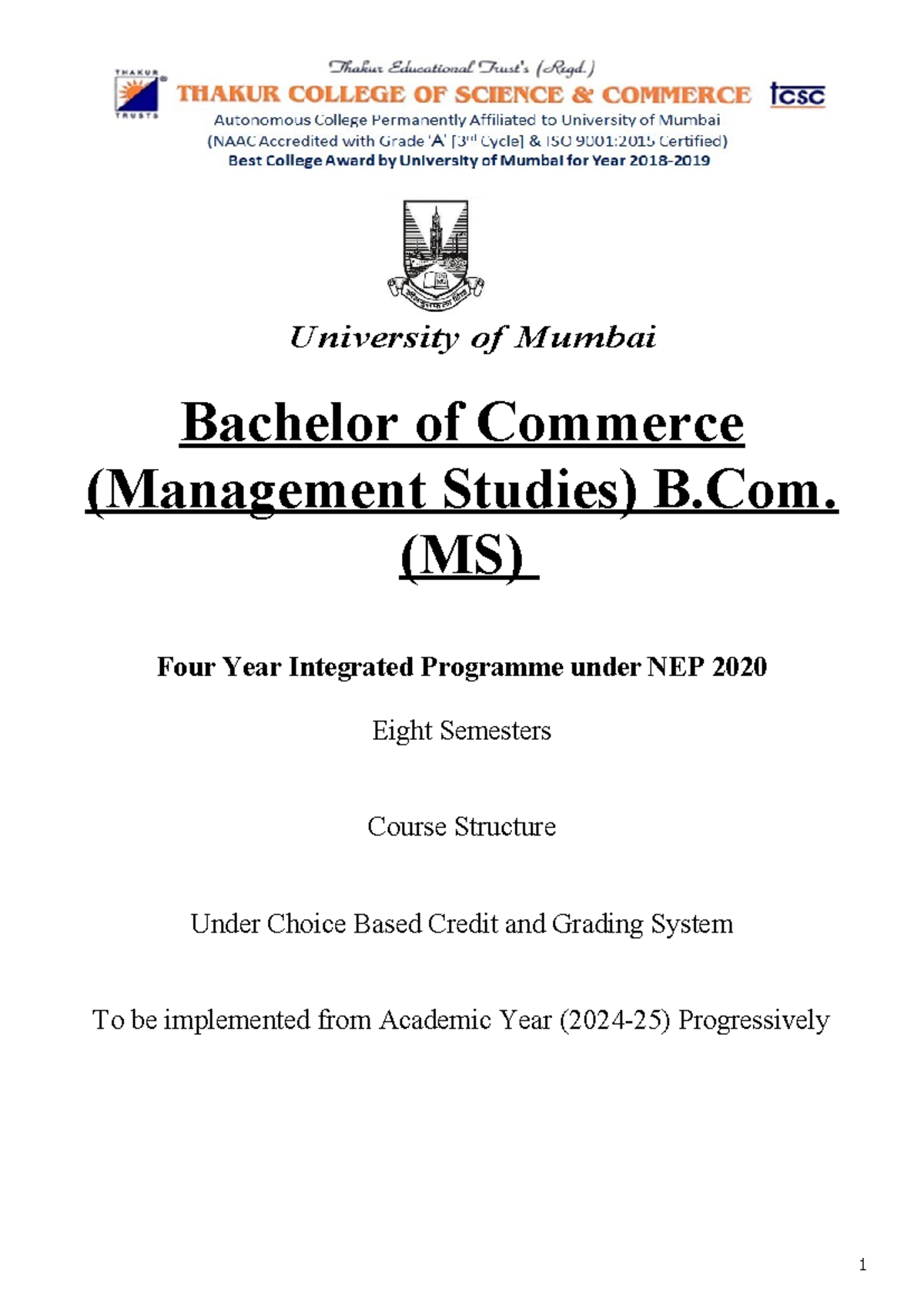BCom.(Management Studies) Course Structure Overview (2024-25) - Studocu