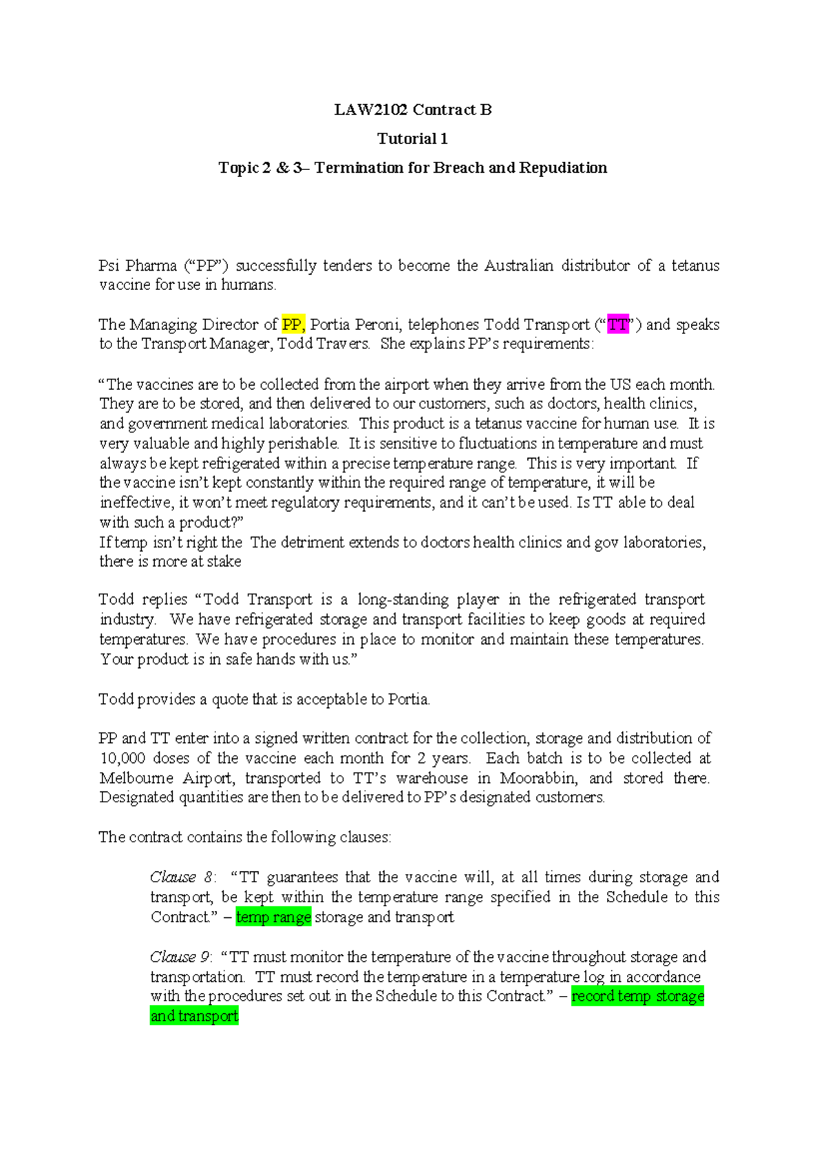 LAW2102 Contract B Tutorial 1: Termination for Breach Analysis - Studocu