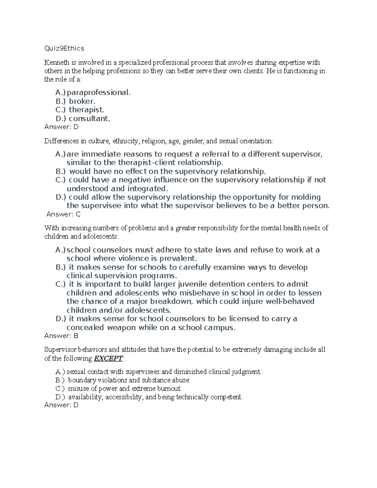 Quiz 9 Ethics - Practice Answers for Weekly Quizzes on Supervision ...