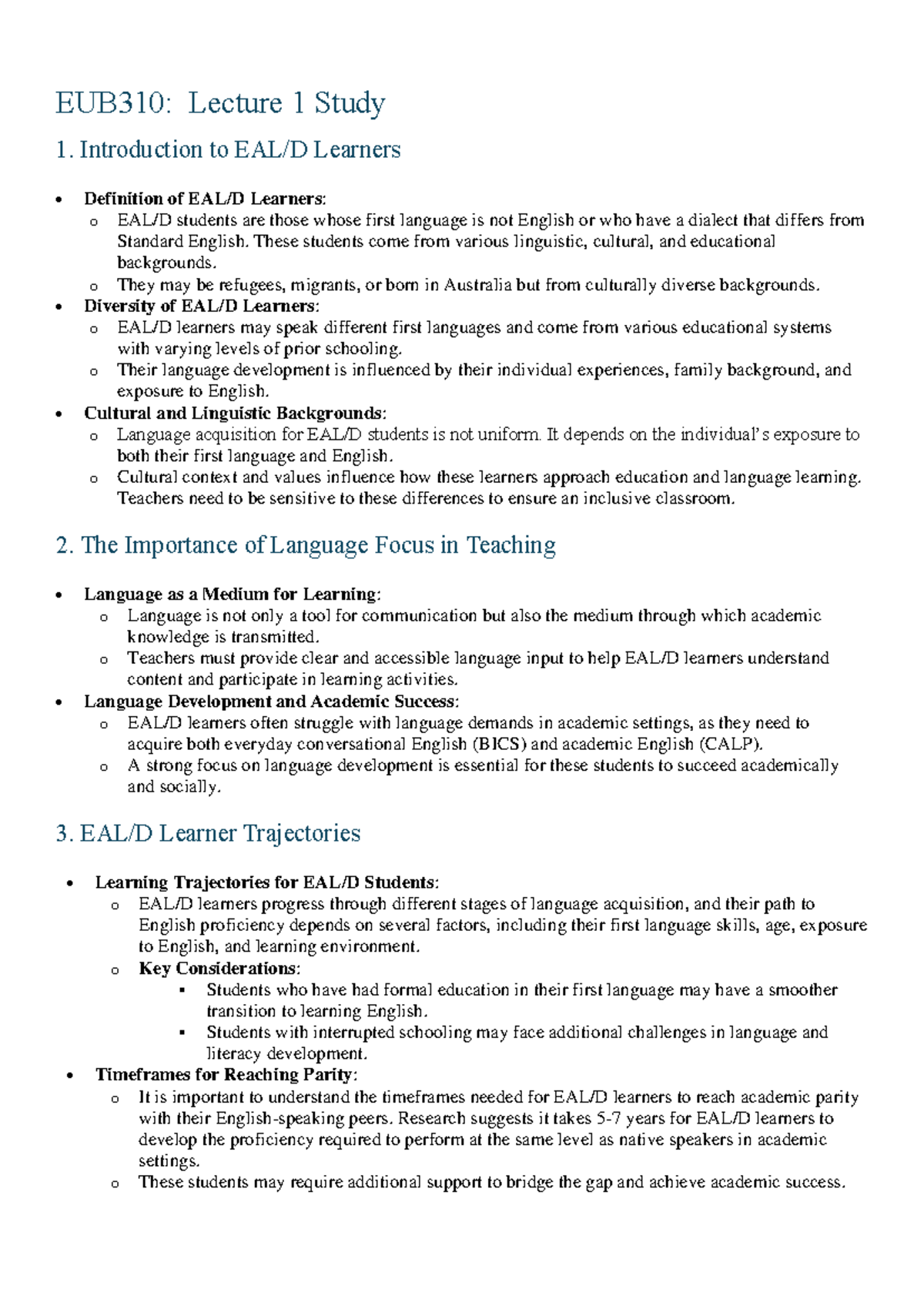 EUB310 Lecture Notes: Understanding EAL/D Learners and Language ...