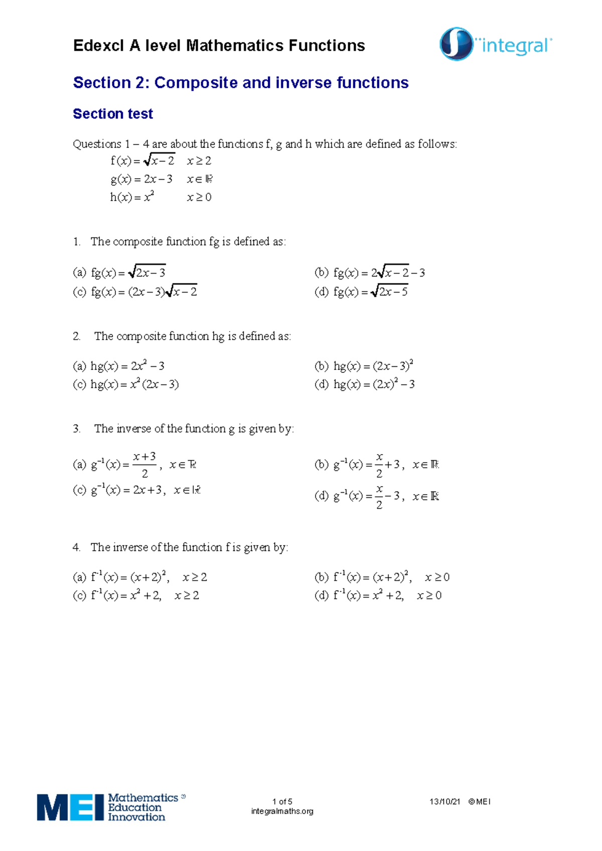 Edexcel A Level Maths Functions Section 2: Composite & Inverse ...