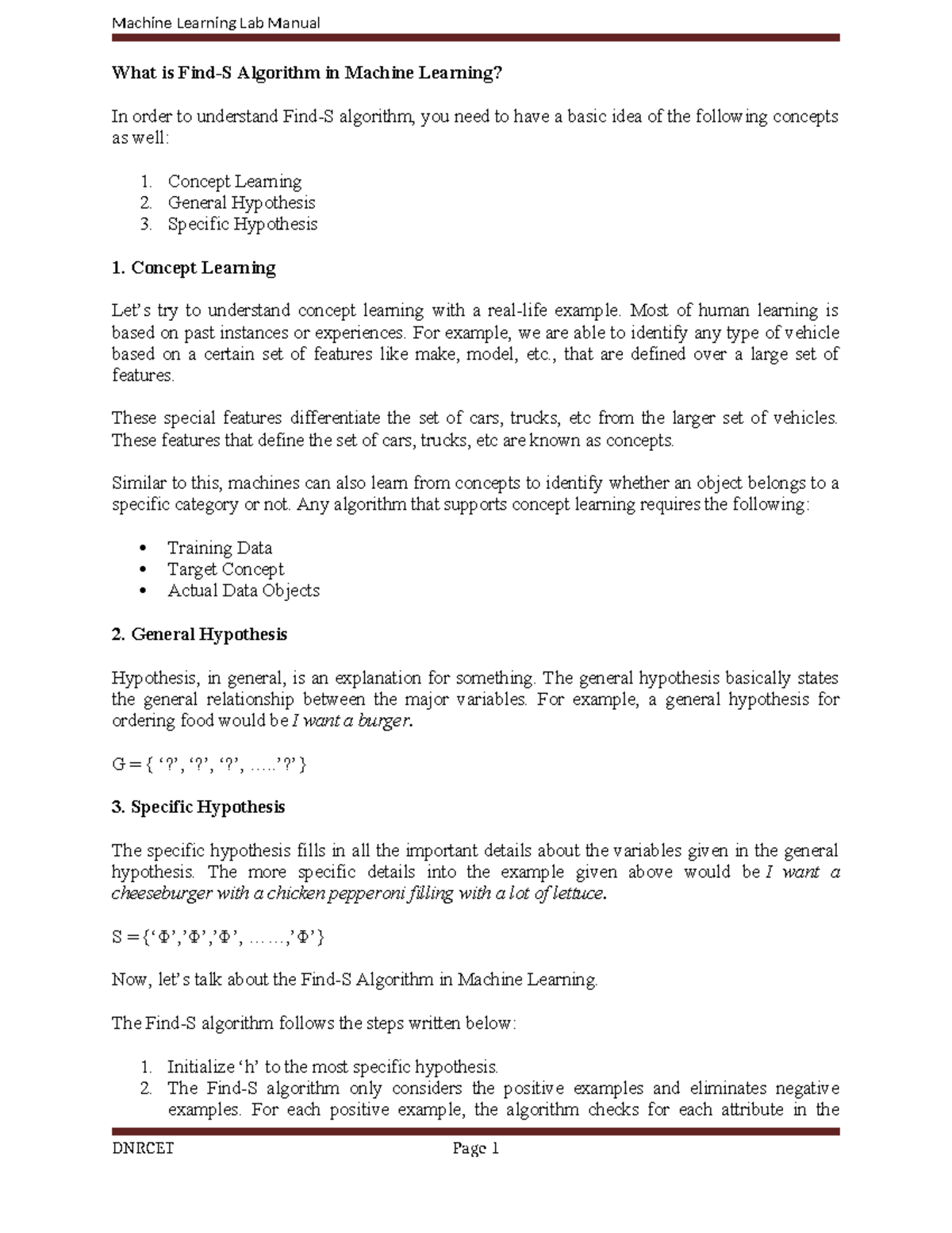 Machine Learning Lab Manual: Understanding Find-S Algorithm R20 - Studocu