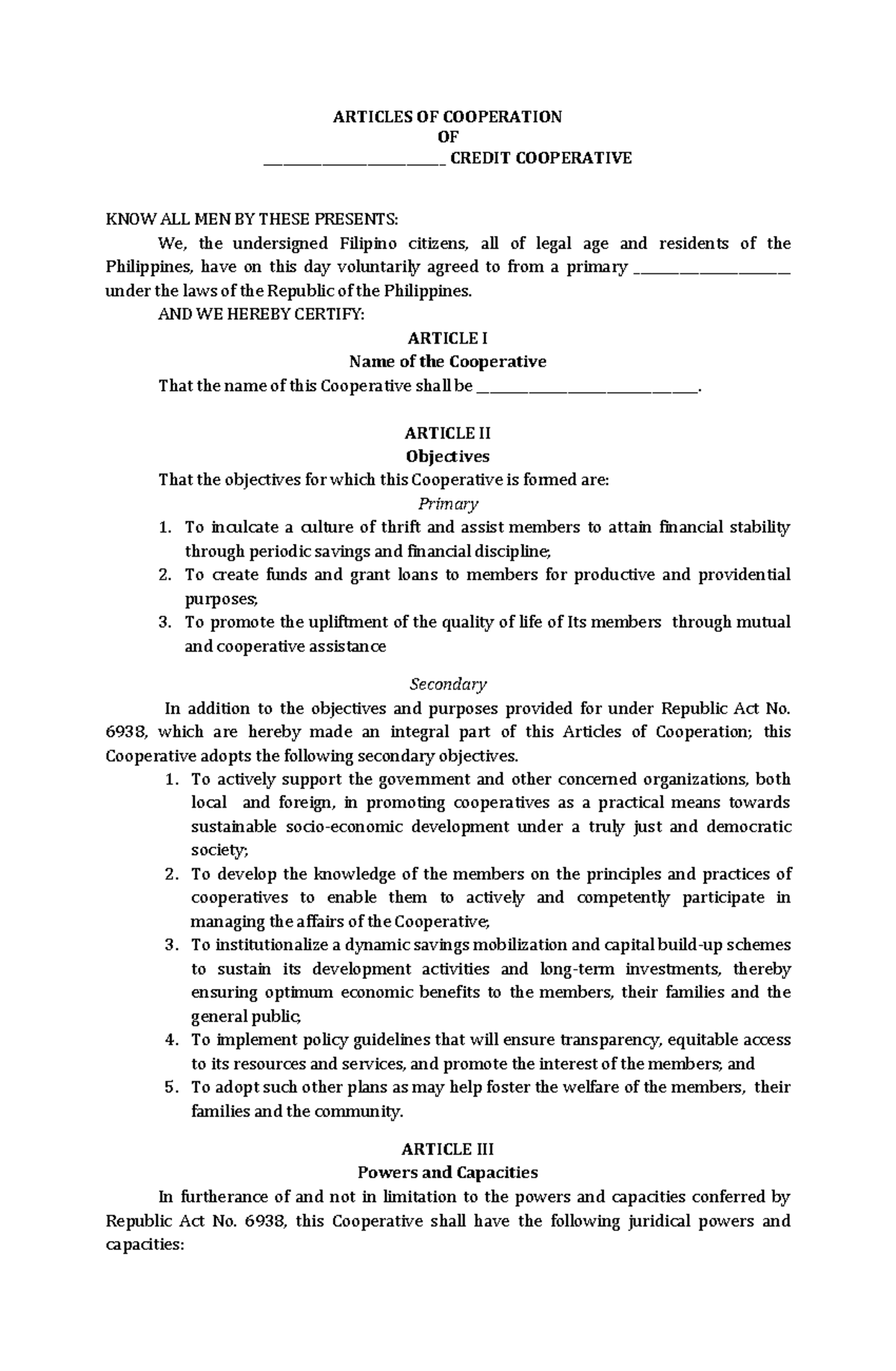 Articles OF Cooperation with Notarial Acknowledgement and Treasurer's ...