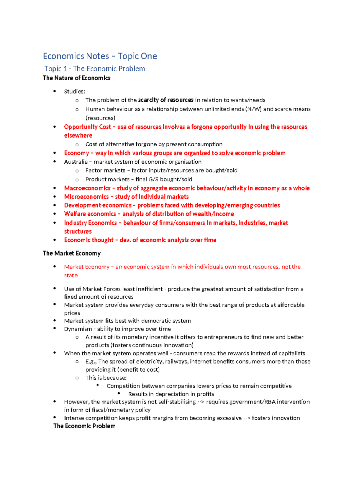 Economics Notes - Topic 1: The Economic Problem and Market Systems ...