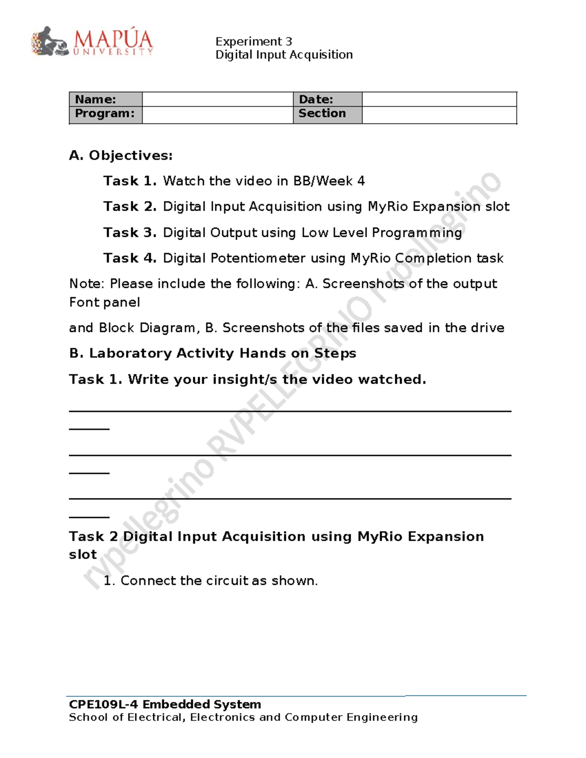 Experiment 3: Digital Input Acquisition Lab Report - ECE 101 - Studocu