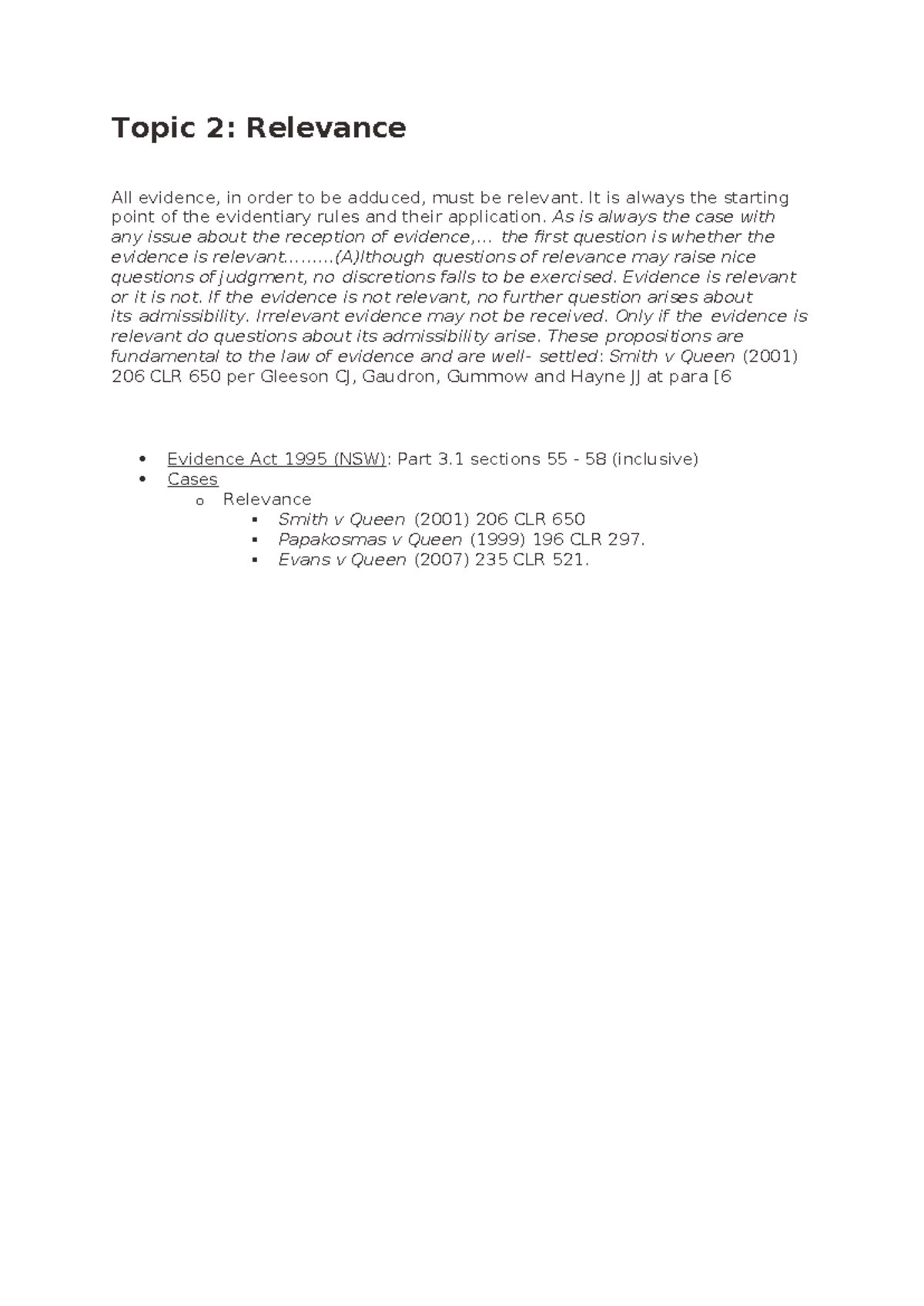 Topic 2: Relevance in Evidence Law - Key Cases and Principles - Studocu