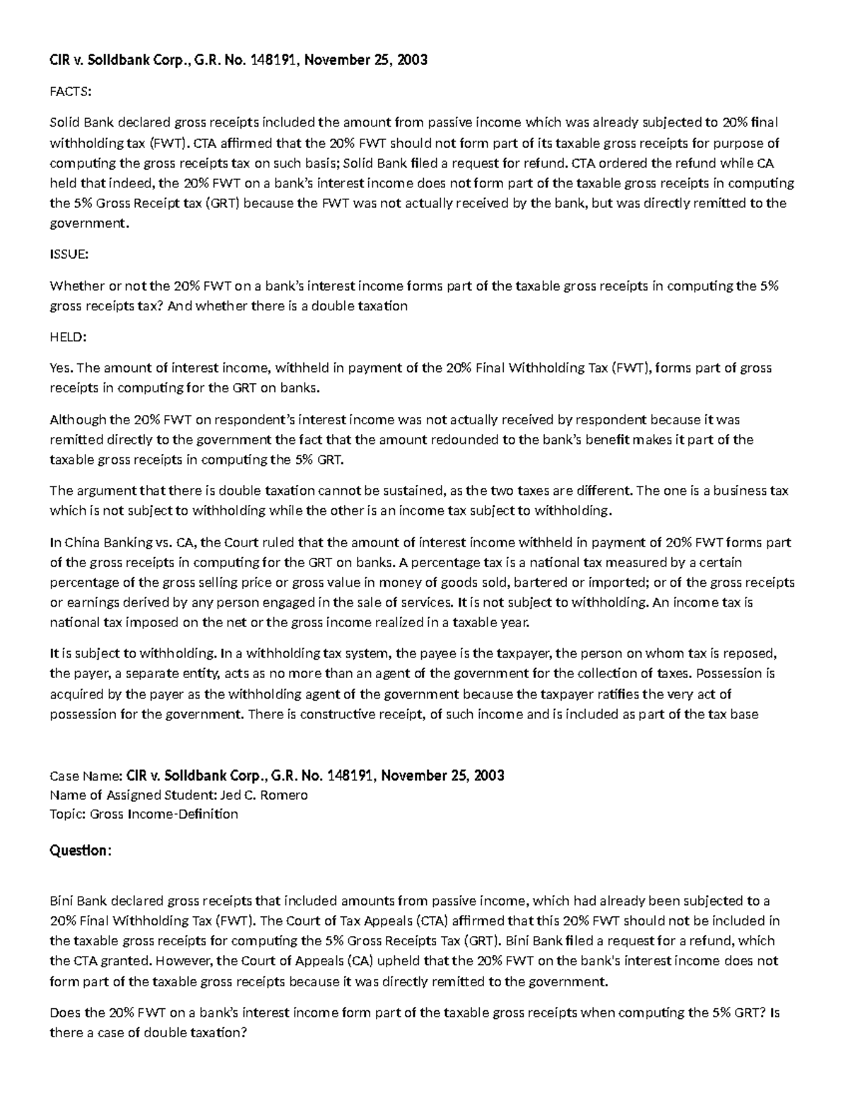 CIR v. Solidbank Corp. Case Study: 20% FWT & Taxable GRT Issues - Studocu