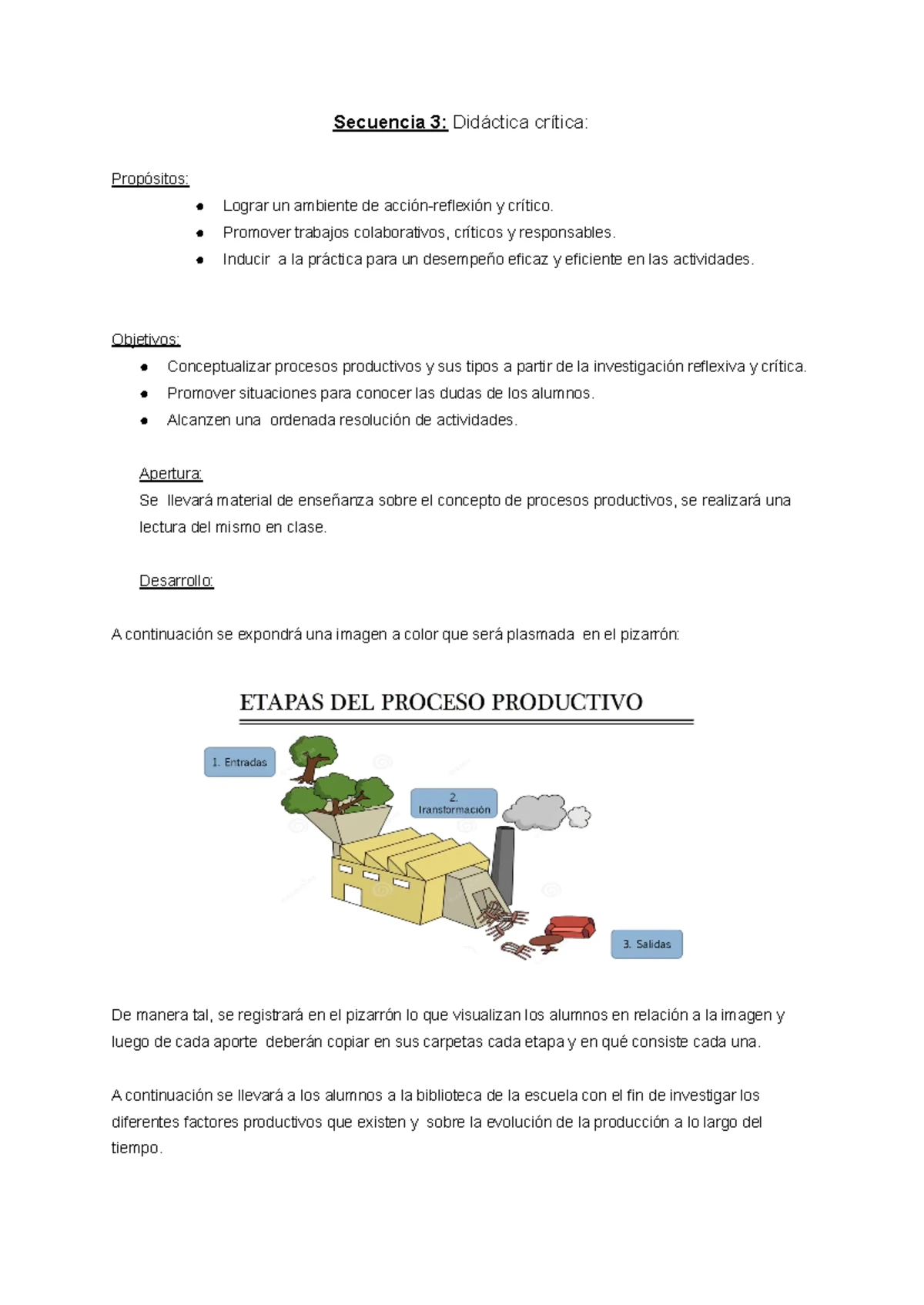 Procesos Productivos - Secuencia 3: Didáctica crítica: Propósitos: Lograr un ambiente de - Studocu