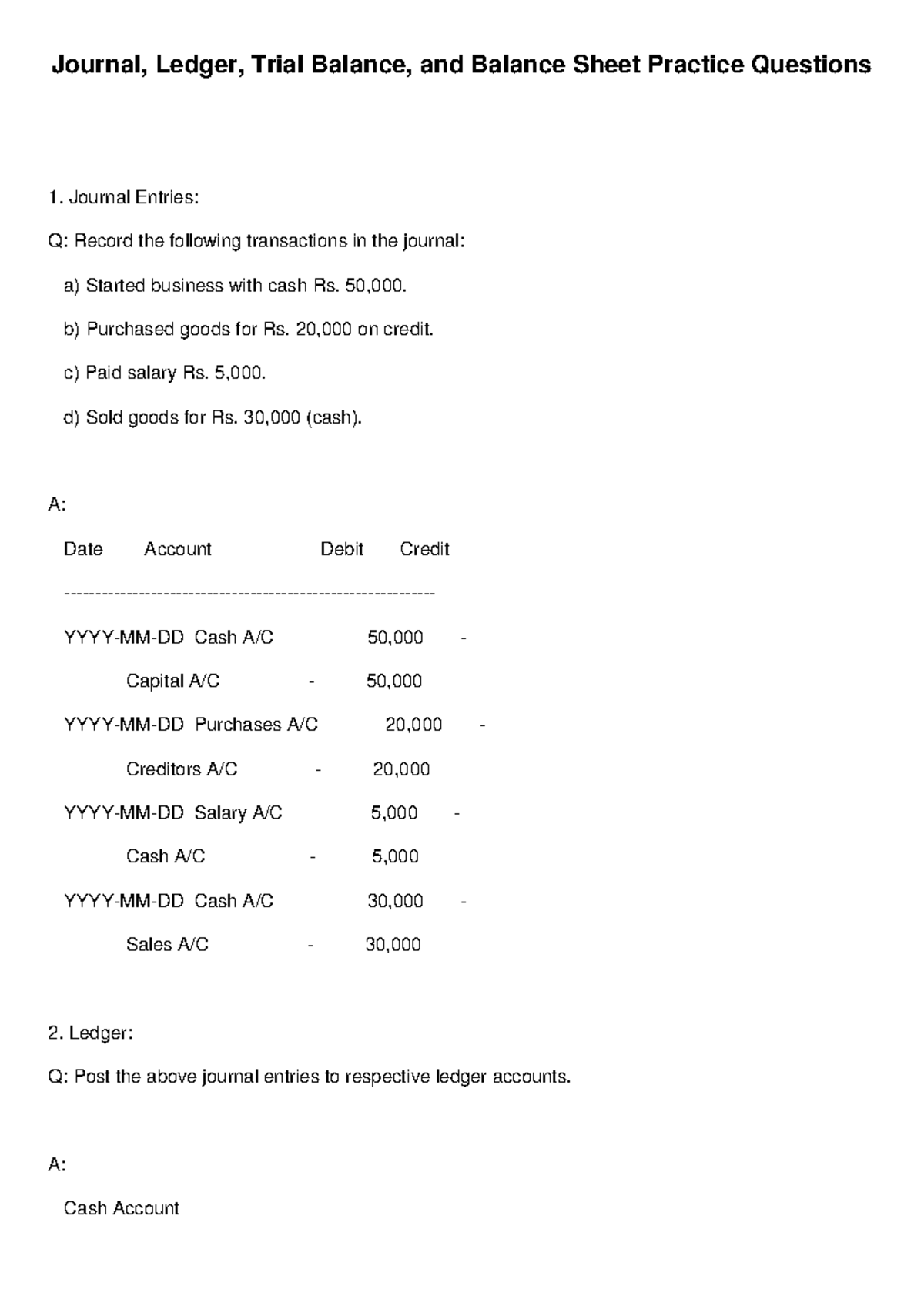 Accounting Practice Questions: Journal, Ledger, Trial Balance - Studocu