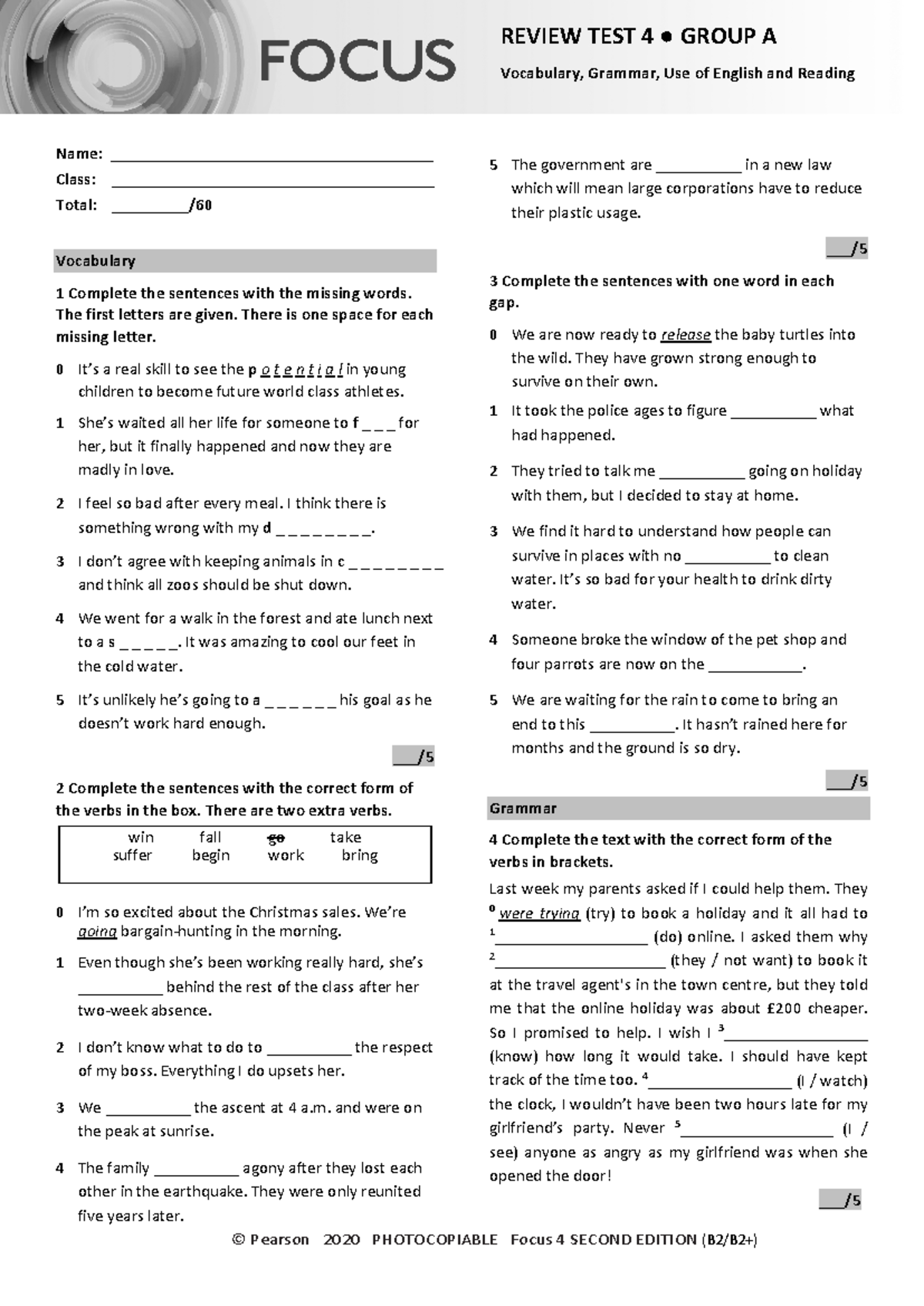Focus 4 2E Review Test 4 Units 1 8 Vocabulary Grammar Uo E Reading ...
