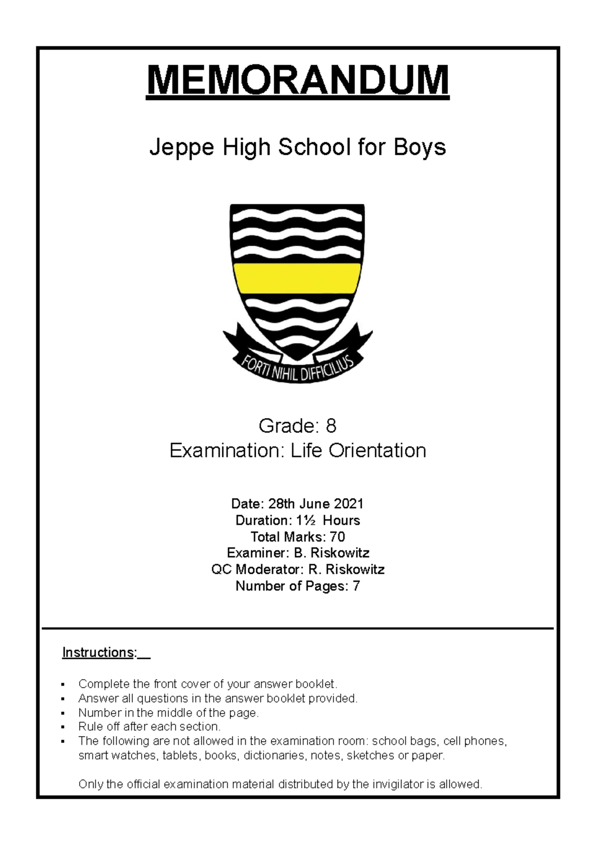 LO 2021 June Life Orientation Exam Memo - Grade 8 Answers - Studocu