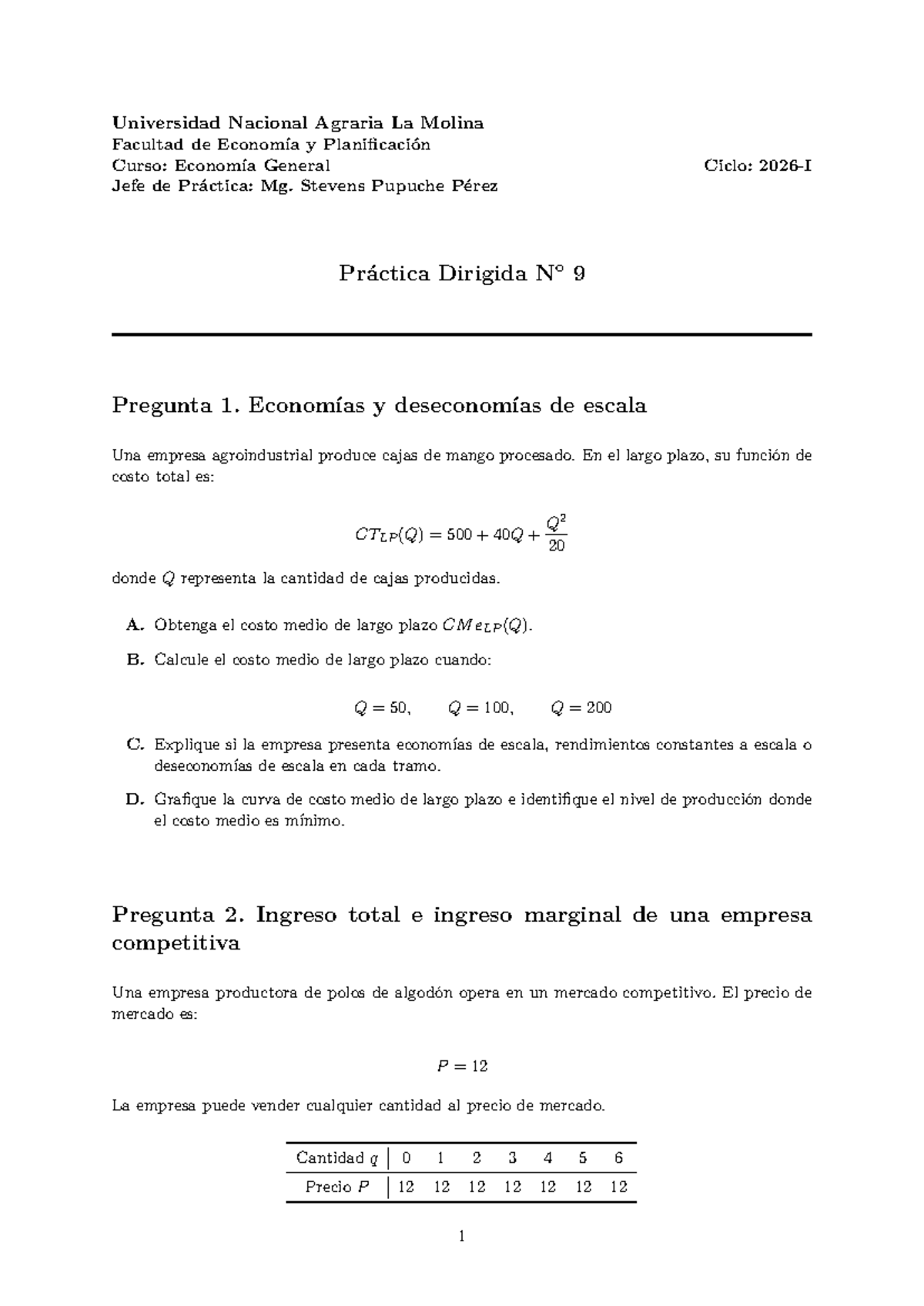 PD9 Economía General - Práctica Dirigida sobre Costos y Equilibrio ...