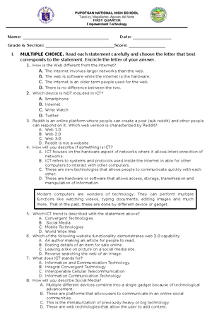 Shading Sheet 50 items - Lecture notes for students - Name Class Date ...
