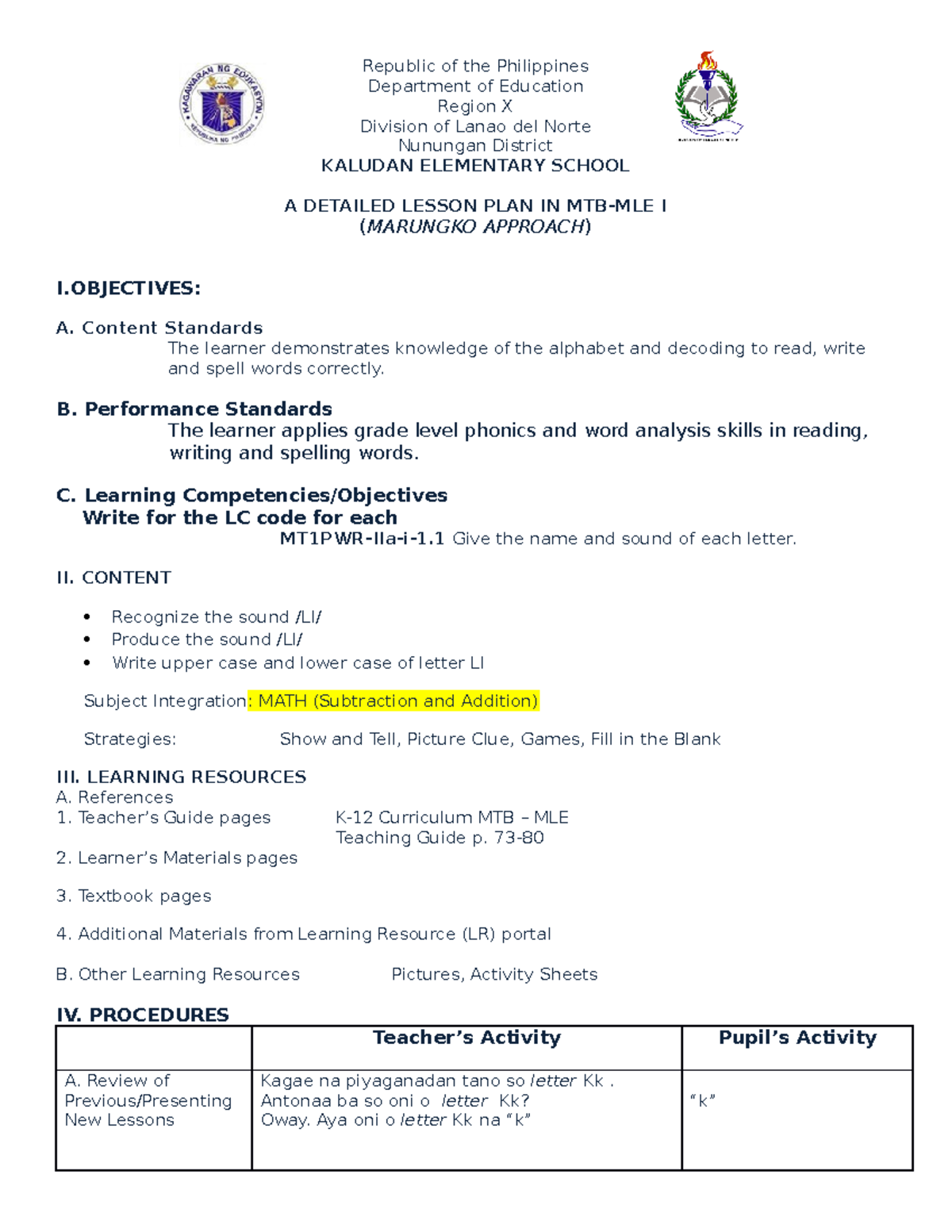 MTB1 Marungko-DLP - Detailed Lesson Plan for Mother Tongue - Studocu