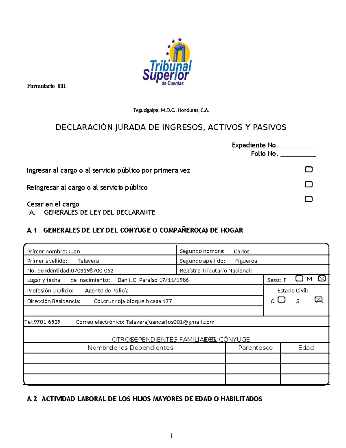 Formulario 001: Declaración Jurada de Ingresos y Bienes en Honduras ...