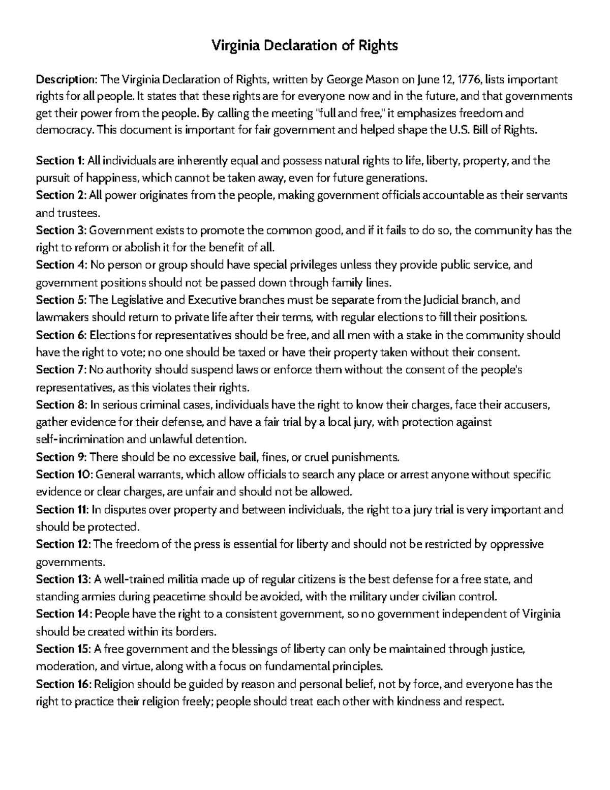 Virginia Declaration of Rights - It states that these rights are for ...