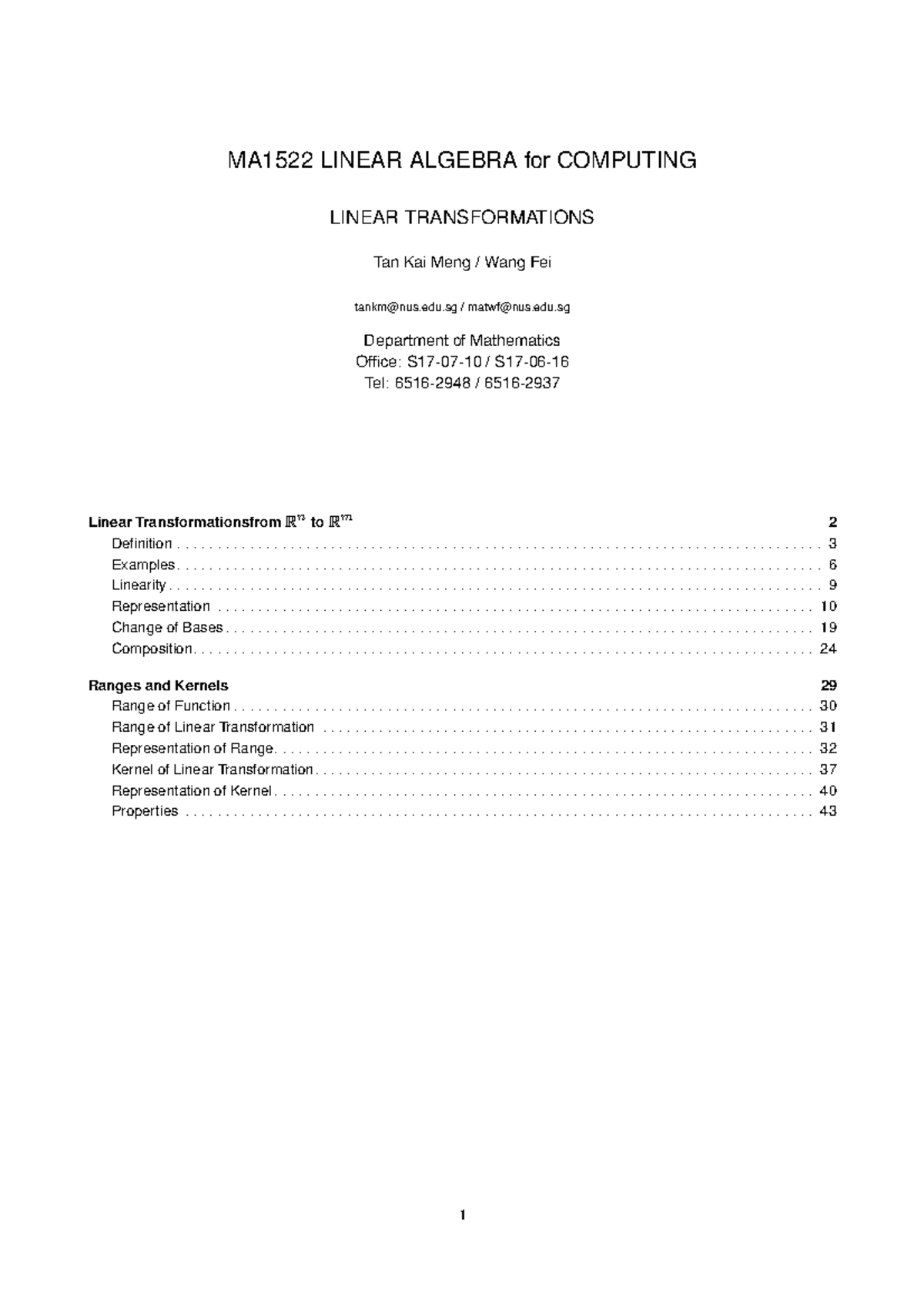 MA1522 Linear Algebra: Linear Transformations Overview and Examples - Studocu