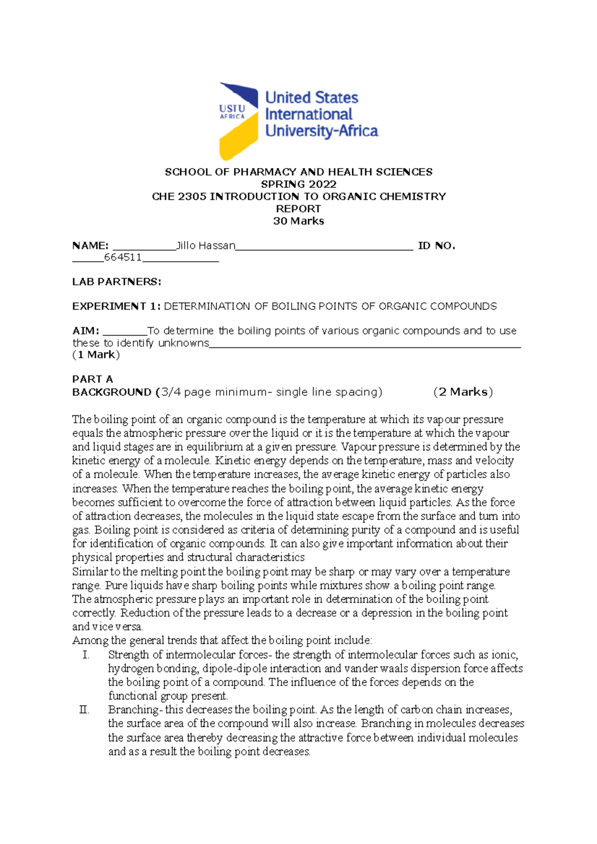 Lab Report 1 Determination of Boiling Points - SCHOOL OF PHARMACY AND ...