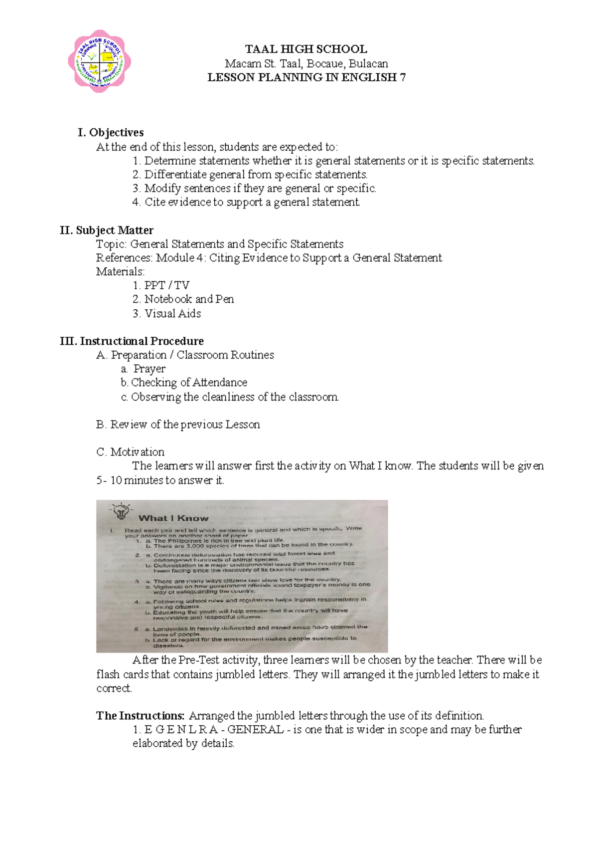 SEMI DETAILED LESSON PLAN: Citing Evidence for General Statements - Studocu