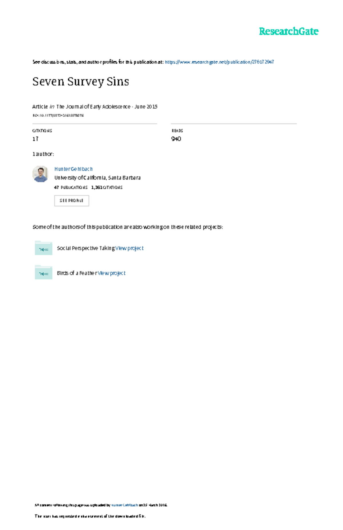 Gehlbach 2015 - Seven Survey Sins in Early Adolescent Research - Studocu