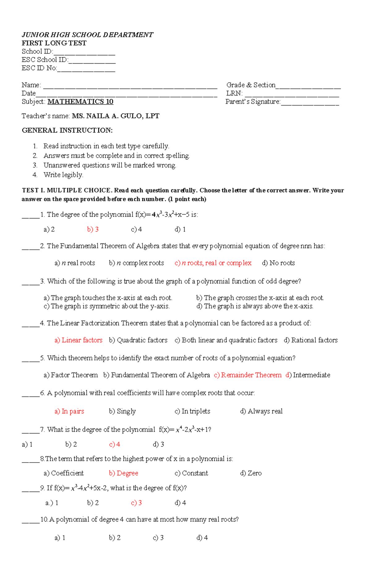 2ND LT MATHEMATICS 10 - JUNIOR HIGH SCHOOL TEST DOCUMENT - Studocu