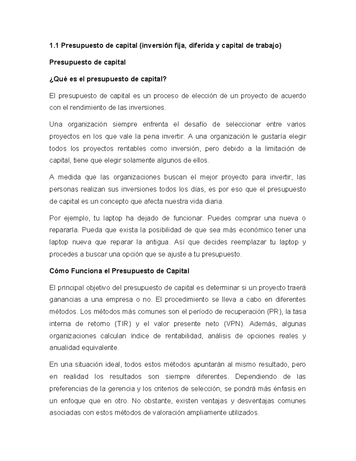 1.1 Presupuesto de Capital: Inversión Fija, Diferida y Capital de ...