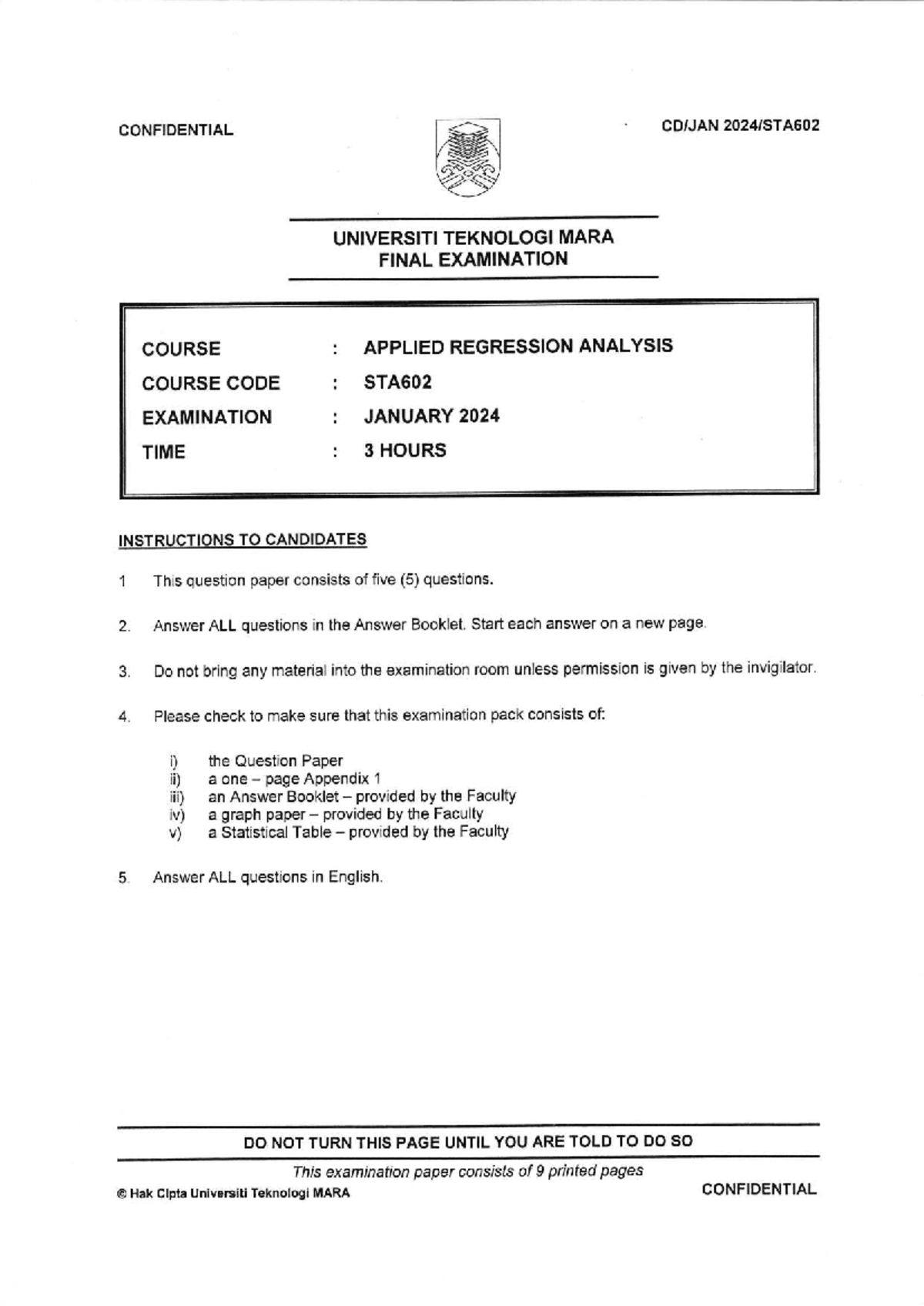 STA602 JAN 2024 - Final Exam Paper on Applied Regression Analysis - Studocu