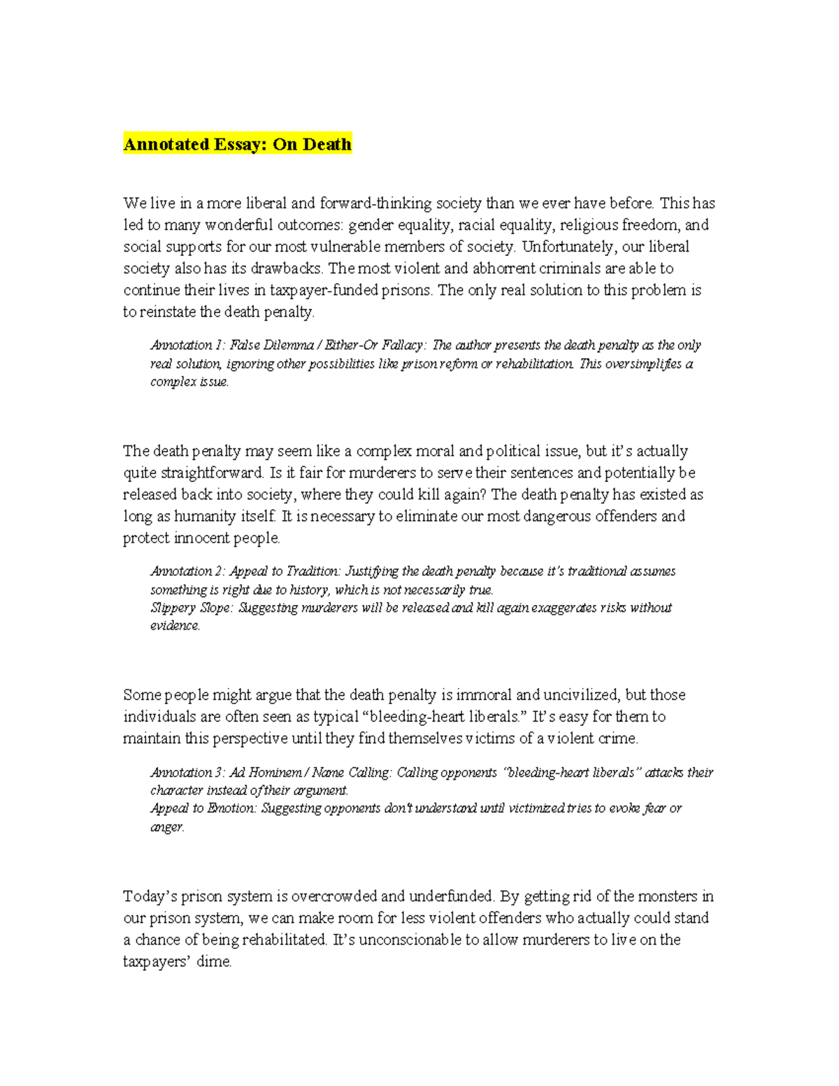 Annotated Essay: Analyzing Logical Fallacies in Death Penalty Arguments ...