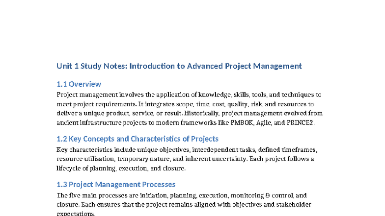 Advanced Project Management Study Notes (Units 1-10) - Studocu