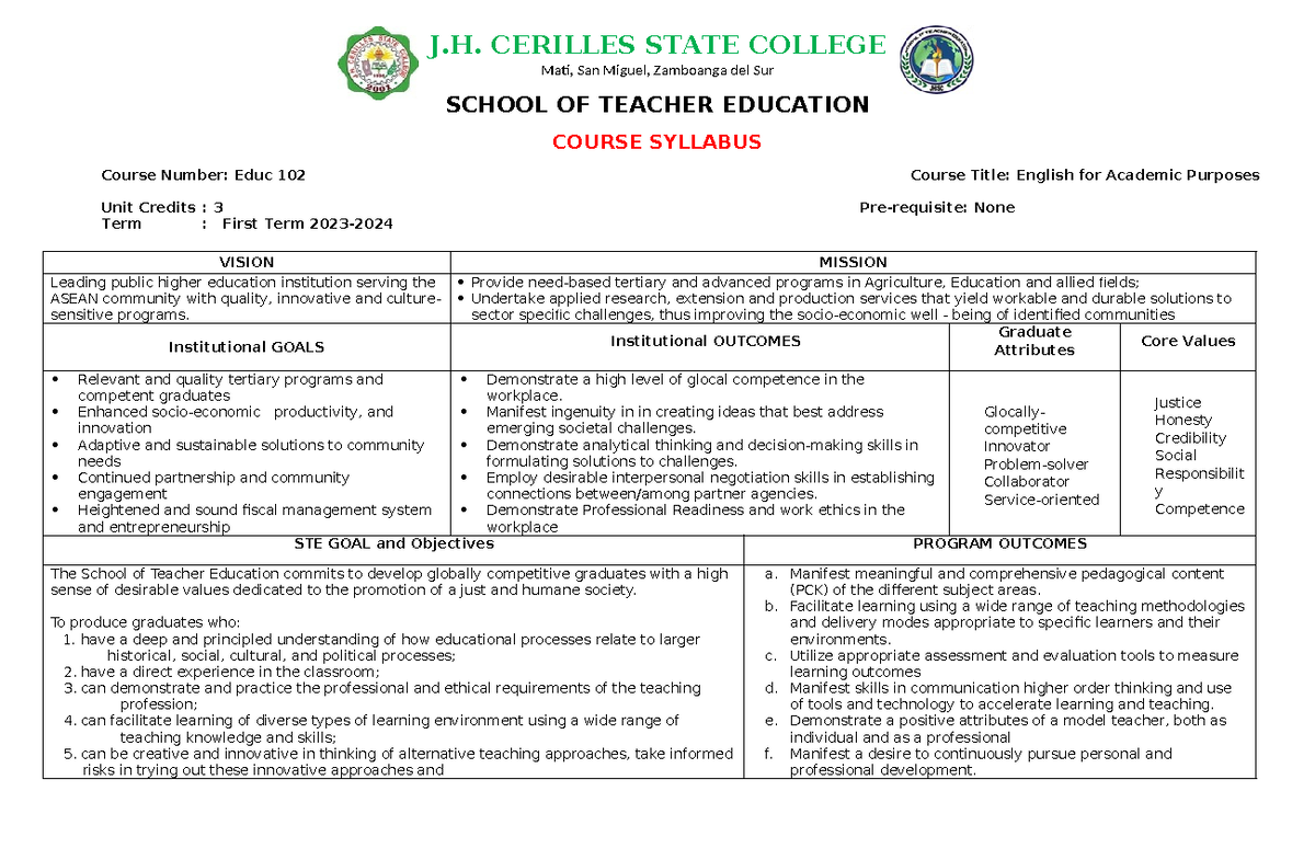 Syllabus-Template-2023-2024 - J. CERILLES STATE COLLEGE Mati, San ...