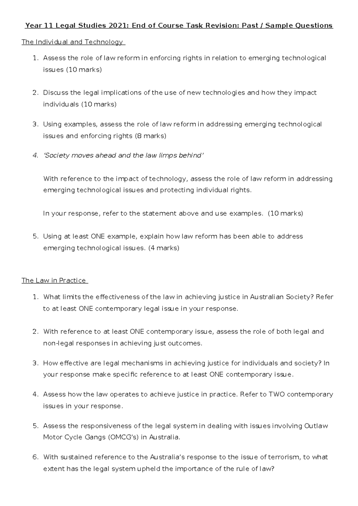 Year 11 Legal Studies 2021: Individual & Tech Law Practice Qs - Studocu