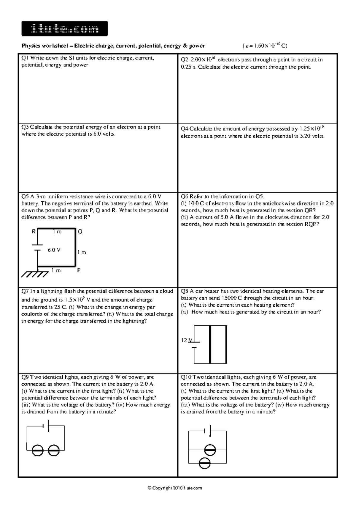 Physics Worksheet: Electric Charge, Current, Potential, Energy & Power ...