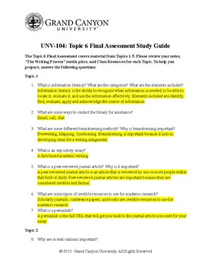 UNV 104 Quiz Study Guide - To prepare for the Topic 2 Quiz, please ...