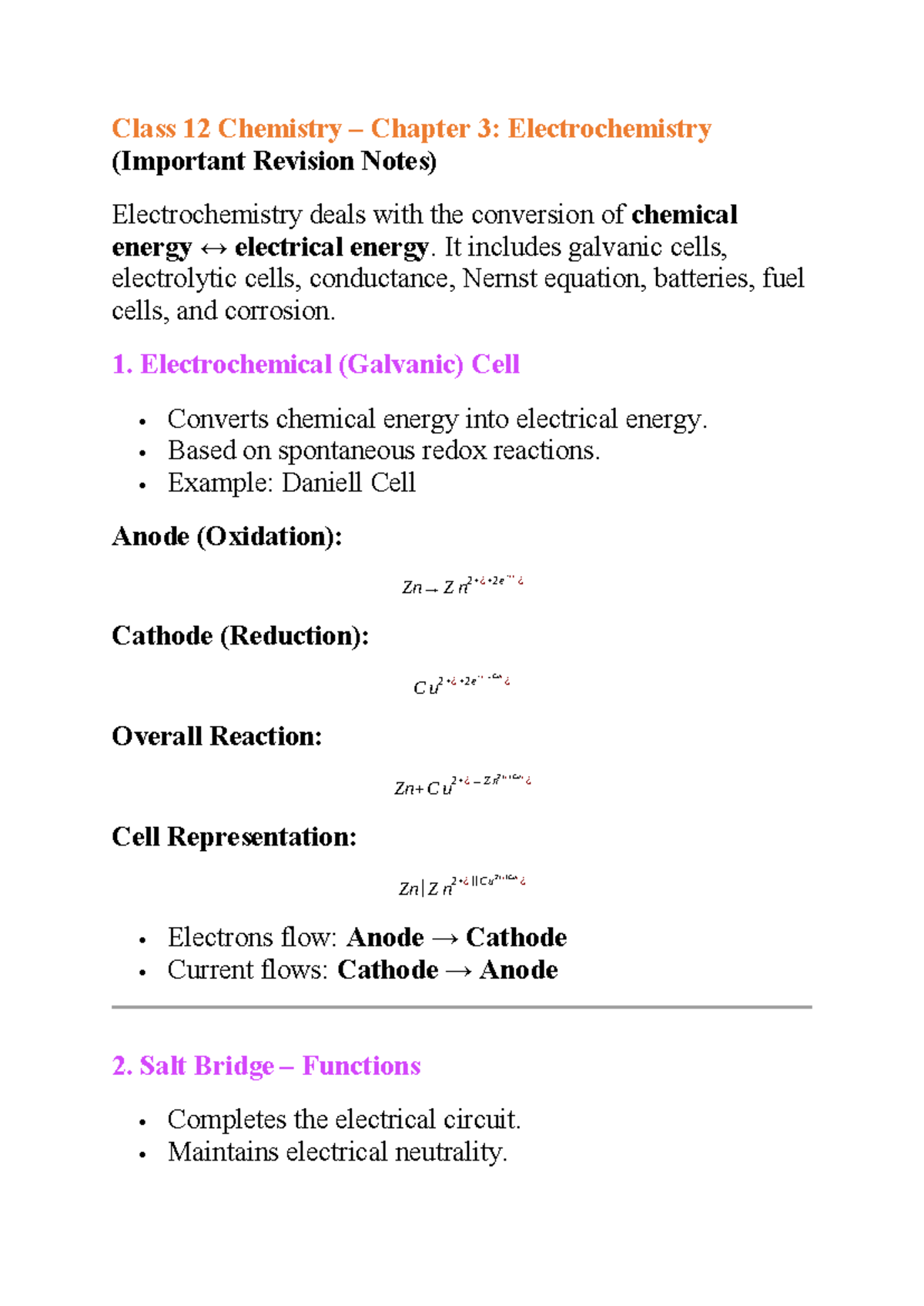 Class 12 Chemistry Chapter 3: Electrochemistry Revision Notes - Studocu