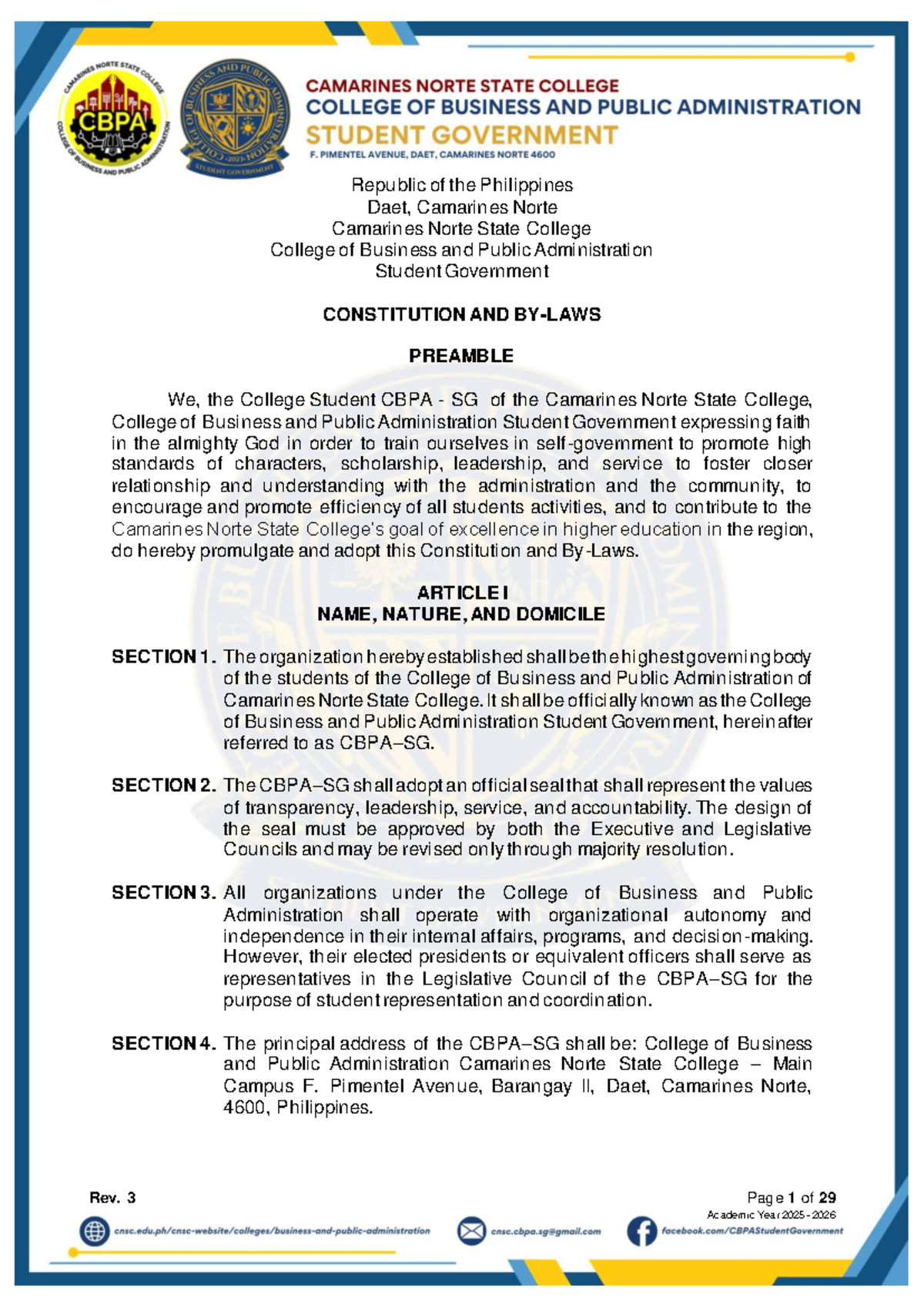 CBL CBPA SG Constitution and Preamble - Academic Year 2025 - Studocu