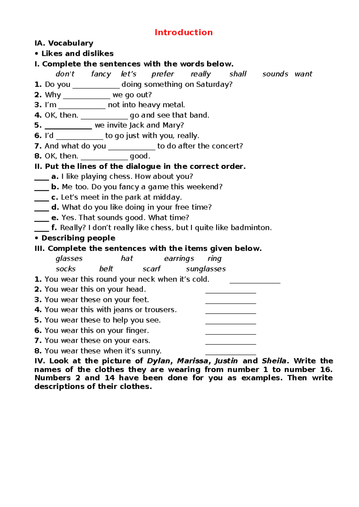 Introduction to Vocabulary: Likes, Dislikes, and Describing People (IA ...