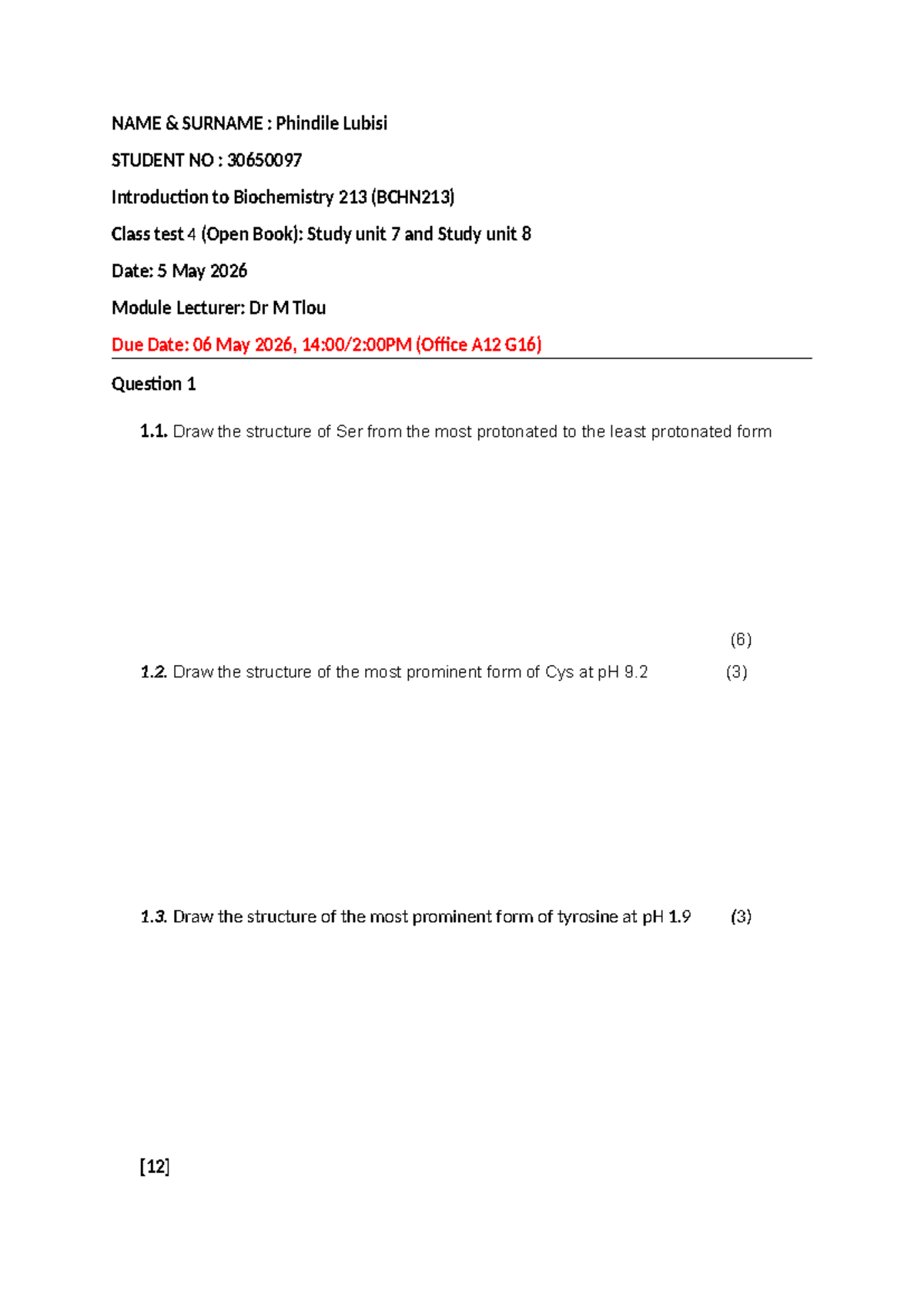 BCHN213 Class Test 4 Study Units 7 & 8 - Biochemistry Notes - Studocu
