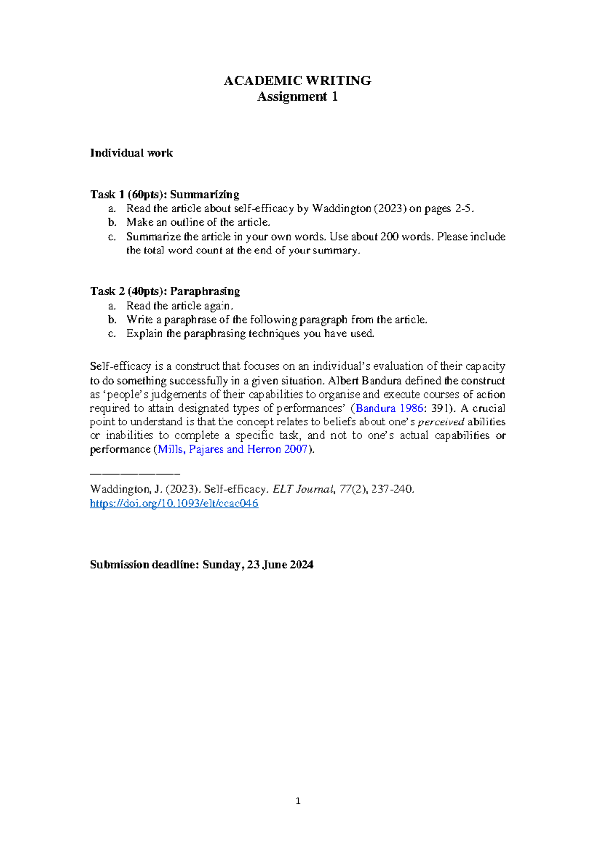 Academic Writing Assignment 1: Self-Efficacy Summary & Paraphrasing ...